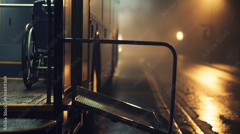 Wheelchair access ramp on a transport bus, close-up in dense fog, no ...