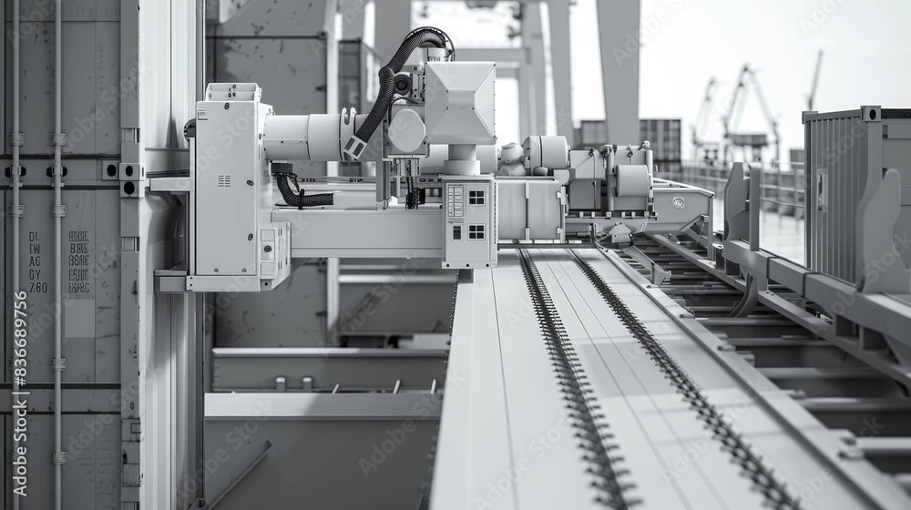 An automated system managing cargo on a ships deck, side view ...