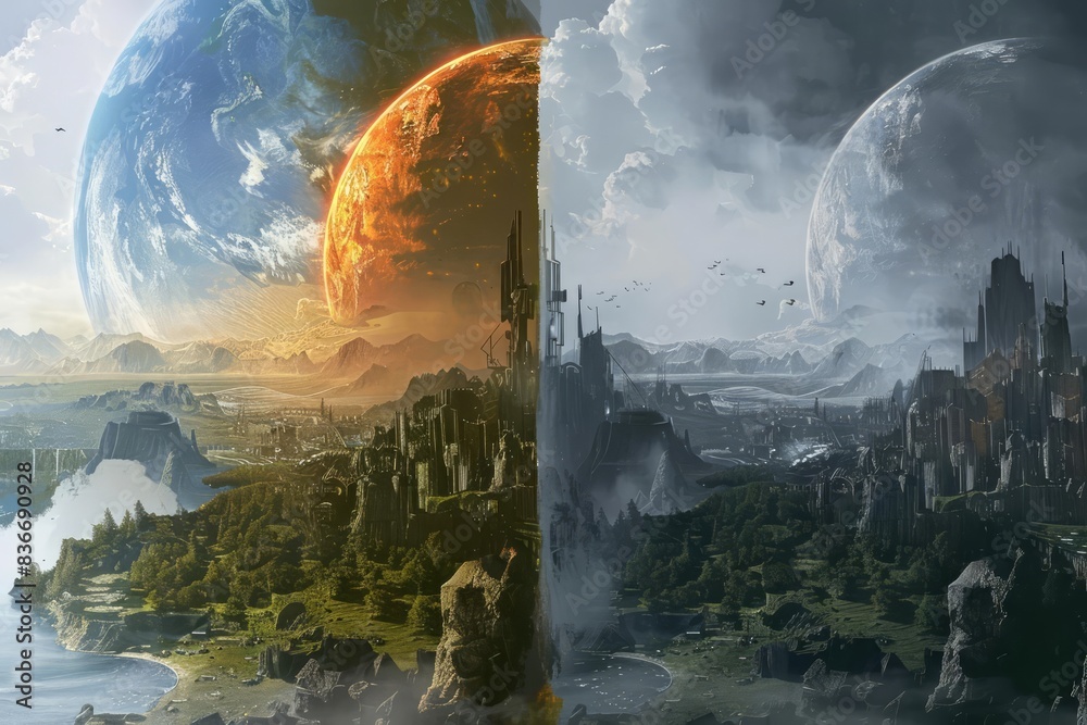 Show the progression from a vibrant, flourishing Earth with clear blue ...