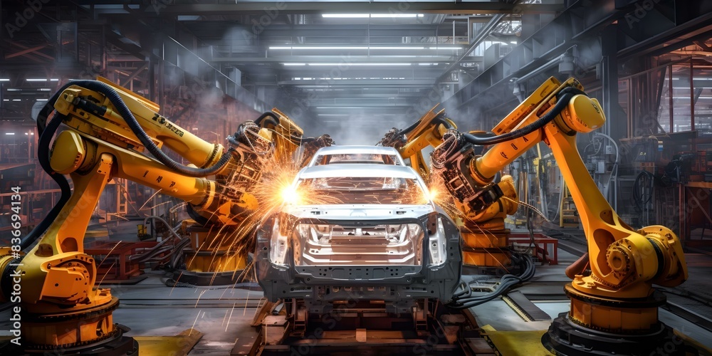Automated robotic arms welding car bodies in a smart factory on a ...