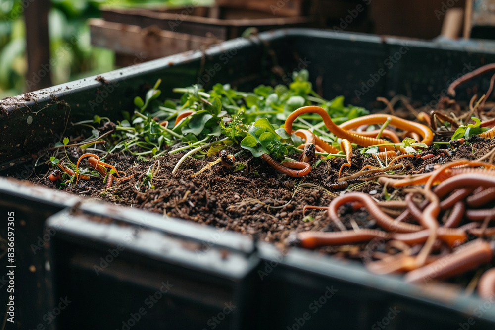 Vermicomposting nature agriculture with earthworm. Compost bin. Organic ...