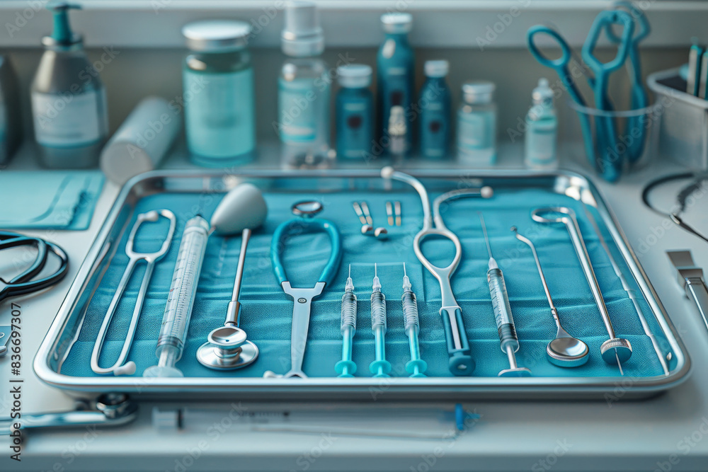 Realistic depiction of various veterinary tools neatly arranged on a ...