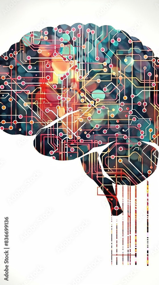 Cartoon illustration of a digital brain with circuit board on a white ...