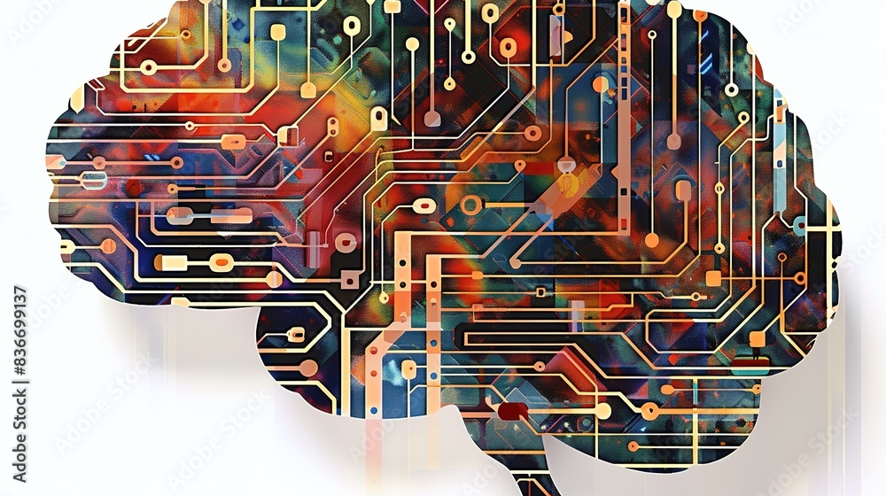 Cartoon illustration of a digital brain with circuit board on a white ...