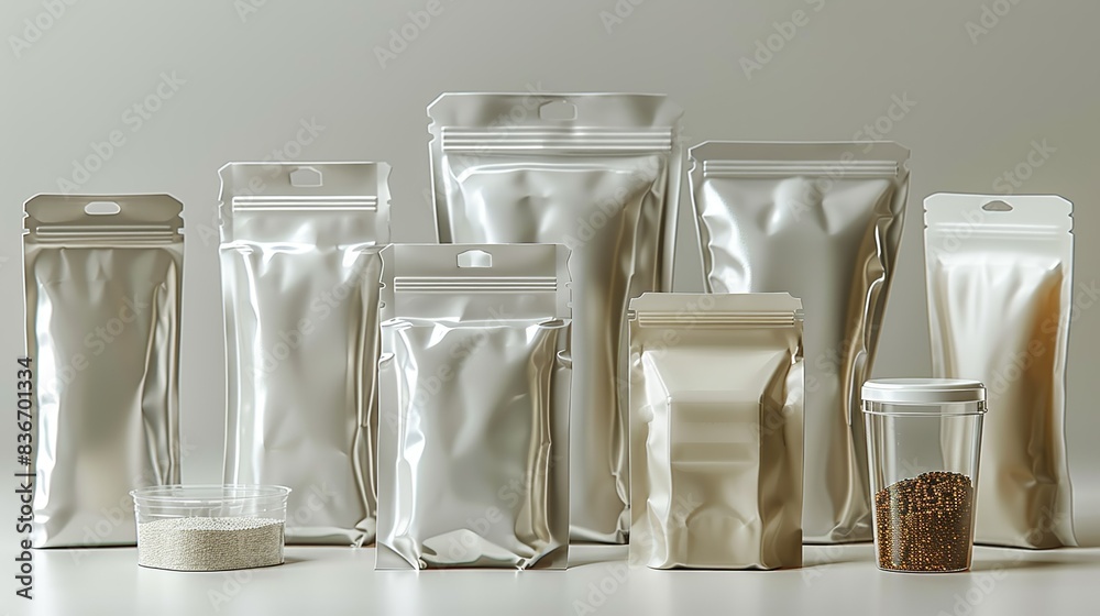 Mockups of flexible packaging options, such as stand-up pouches and ...