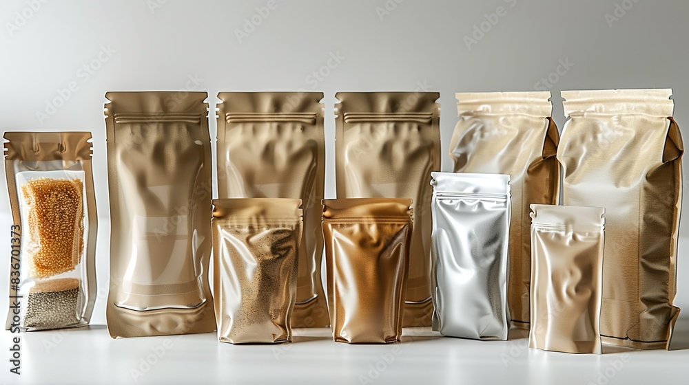 Mockups of flexible packaging options, such as stand-up pouches and ...