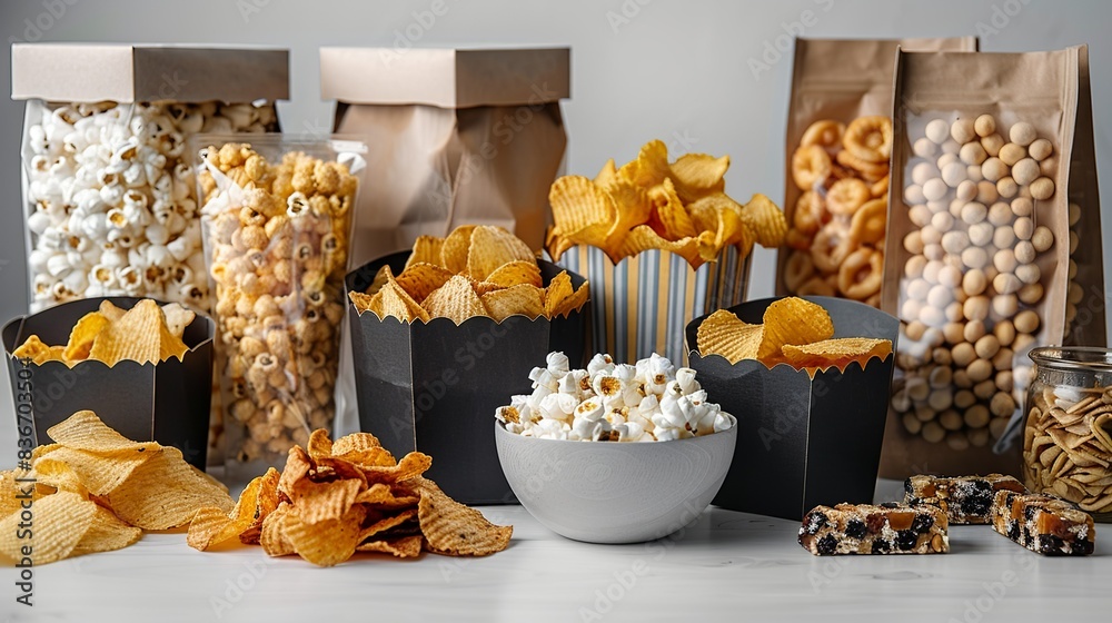 Mockups of snack packaging, including chip bags, popcorn boxes, and ...