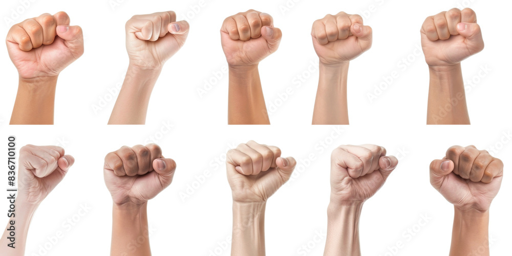 A collection of raised fists in various skin tones, symbolizing unity and strength. Each fist is ...