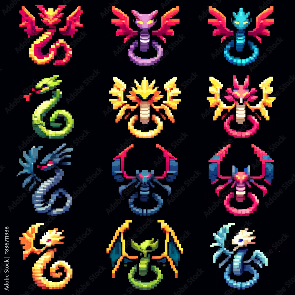 RPG hydras pixel art icons spritesheet with unique designs Stock ...
