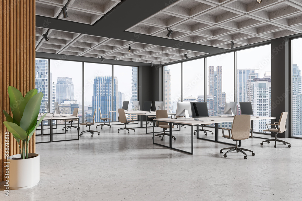 Modern open office space with cityscape view, minimalist interior ...