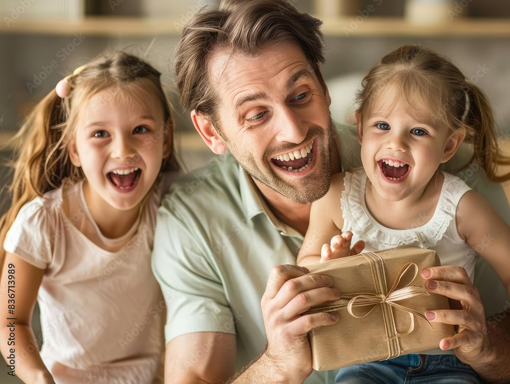 Father s Day Gift Kids presenting their dad with a wrapped gift and his ...