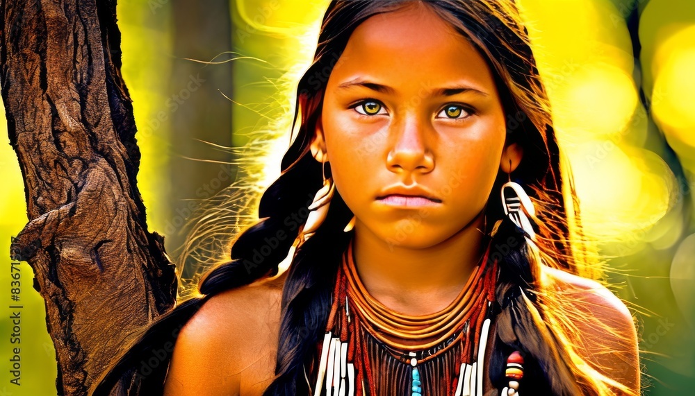 A portrait of a young Native American girl wearing traditional attire ...