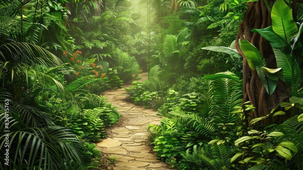 Rainforest Pathway A pathway winding through a dense, green rainforest ...