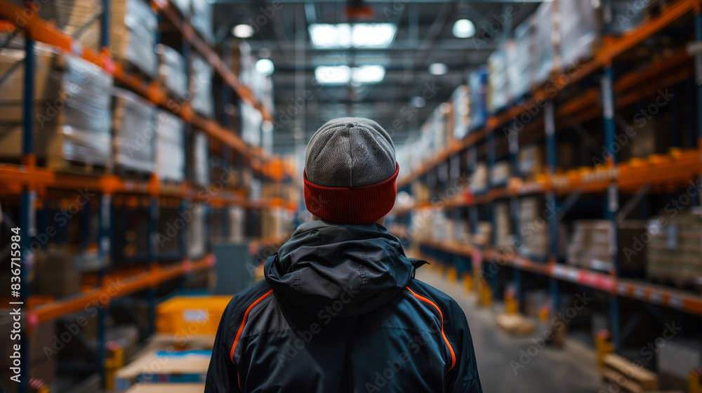 Produce a lifelike image showcasing an employee operating within a vast ...
