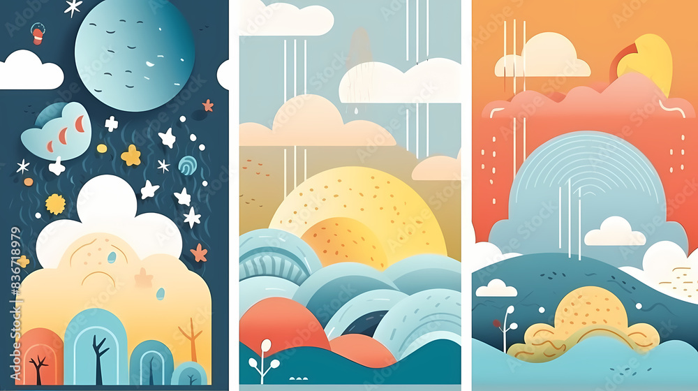 Vertical posters set with fluffy clouds. Weather forecast app widgets ...