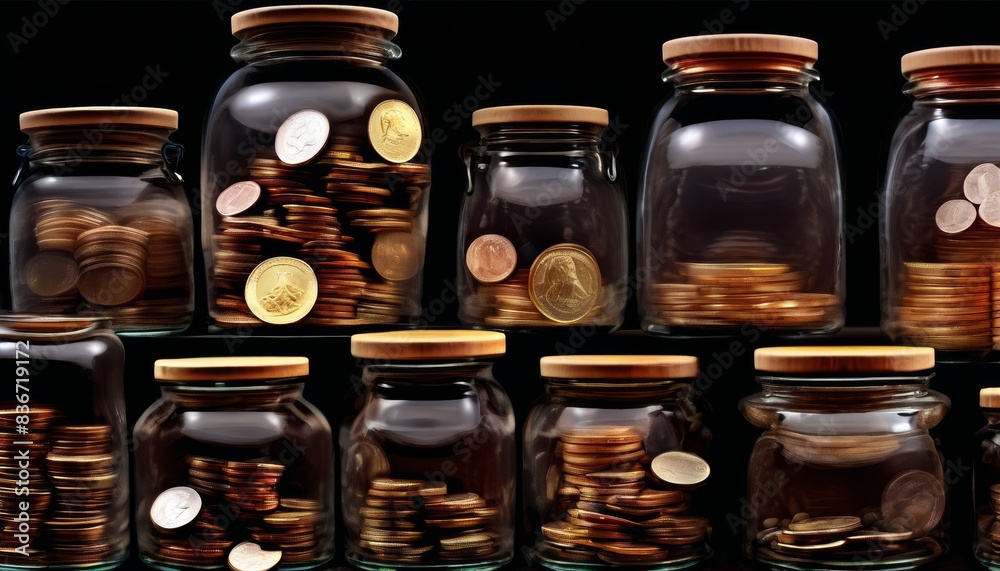 Multiple glass jars filled to various levels with coins, illustrating ...