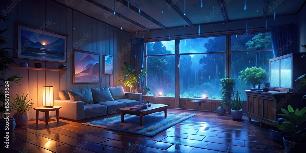 Starting Soon screen with cozy lo-fi living room at rainstorm animation ...
