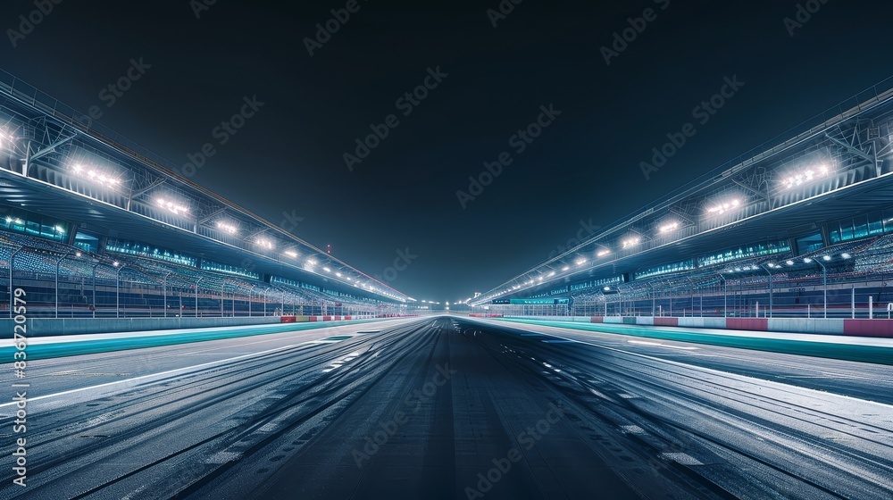 Captivating nighttime panorama of an empty Formula One racing stadium ...