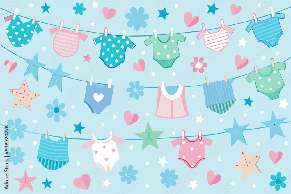 a baby shower curtain with clothes hanging on a line, A seamless baby ...