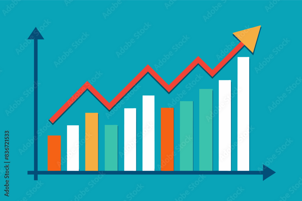 a chart with an arrow going up and a bar chart going down, A line chart ...