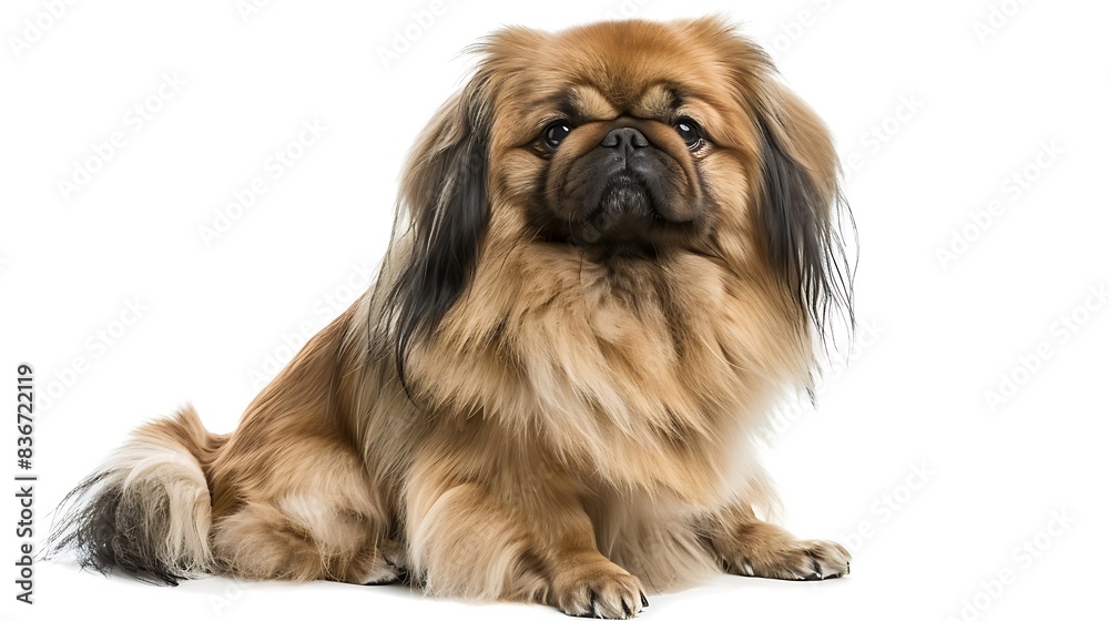 Pekingese with its long fur and flattened face, sitting proudly, white ...
