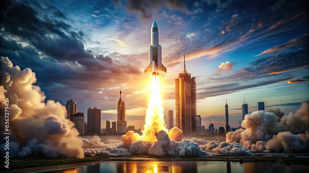 A dramatic image of a launching rocket with a blurred city skyline ...