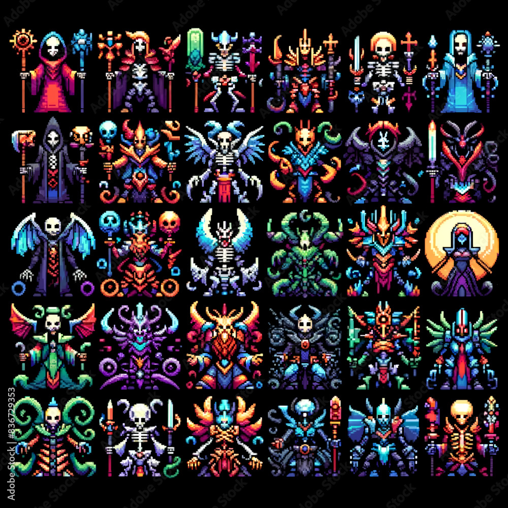 RPG lich kings pixel art icons in a spritesheet Stock Illustration ...