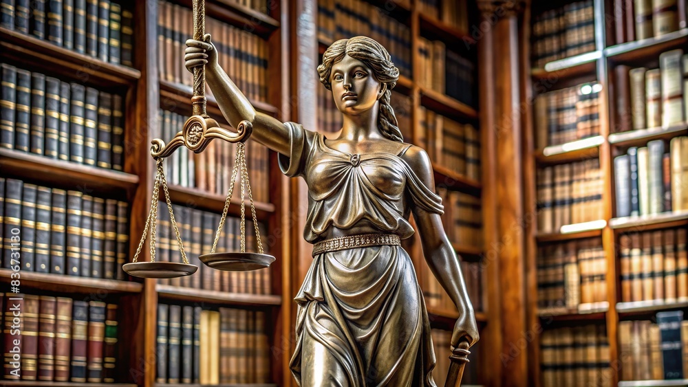 Statue of Lady Justice in a library , justice, scales, law, symbol ...
