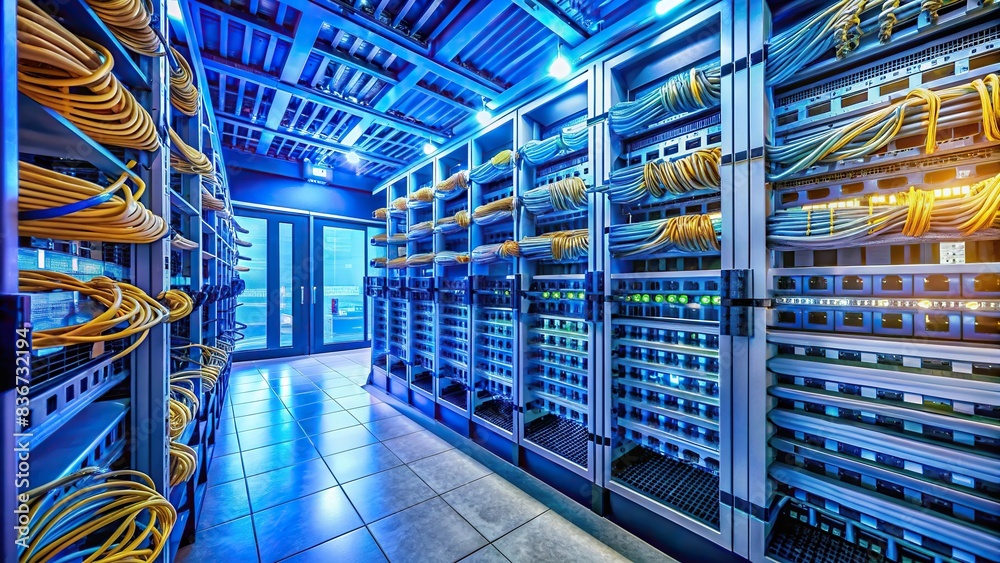 Server room with switch, internet cables and wires, fiber optic ...