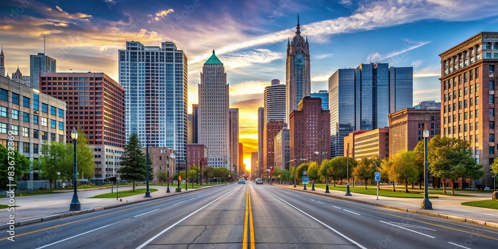 Downtown Detroit skyline with empty streets , Detroit, Michigan, USA ...