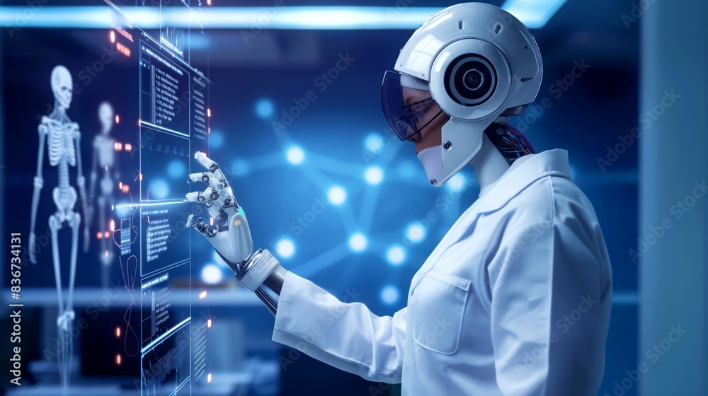 Futuristic robot scientist interacting with digital medical data on a ...