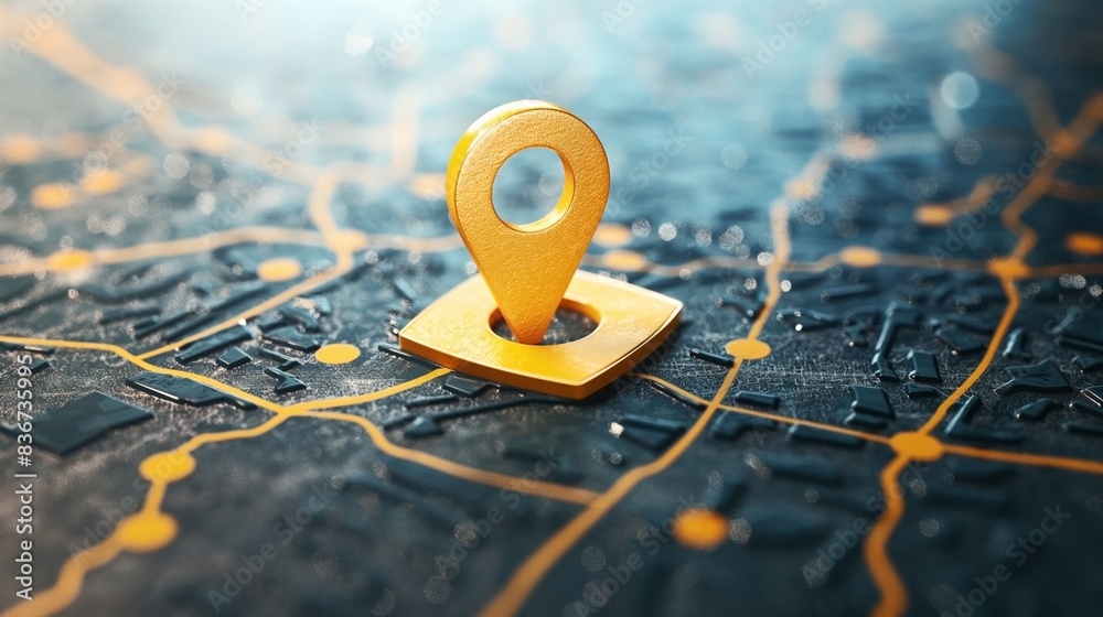 A rendering of a map with a prominent yellow location pin marker ...