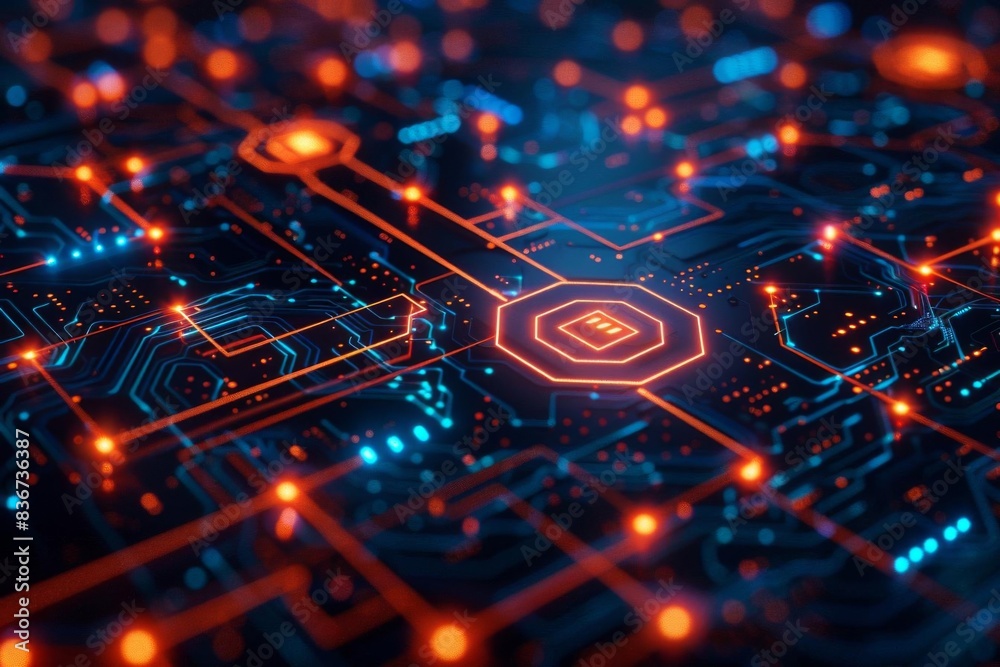 Glowing warning symbols on a dark digital circuit, Cybersecurity, Red ...