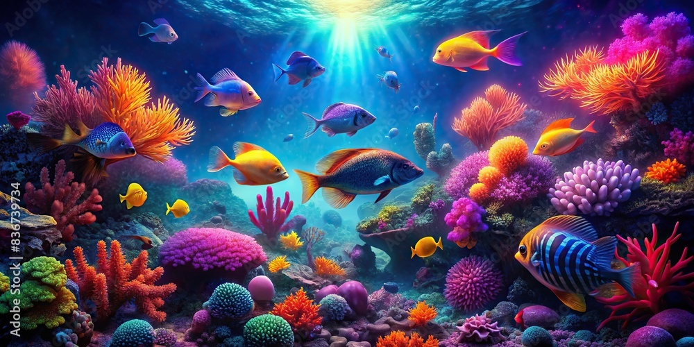 Neon-lit underwater scene with colorful fish and coral reefs , World ...