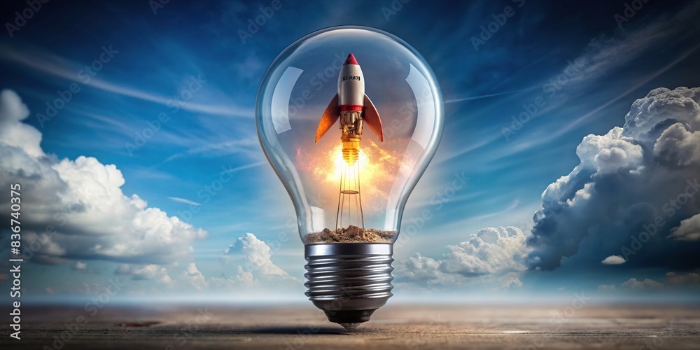Rocket launching inside a lightbulb symbolizing creative ideas taking ...