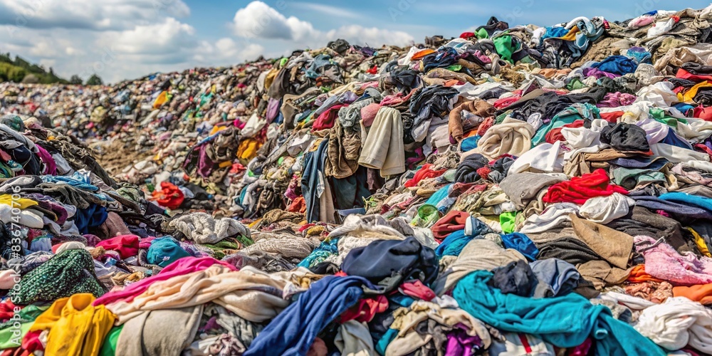 Pile of discarded clothes in landfill, fast fashion waste, sustainability concept, dump, used ...