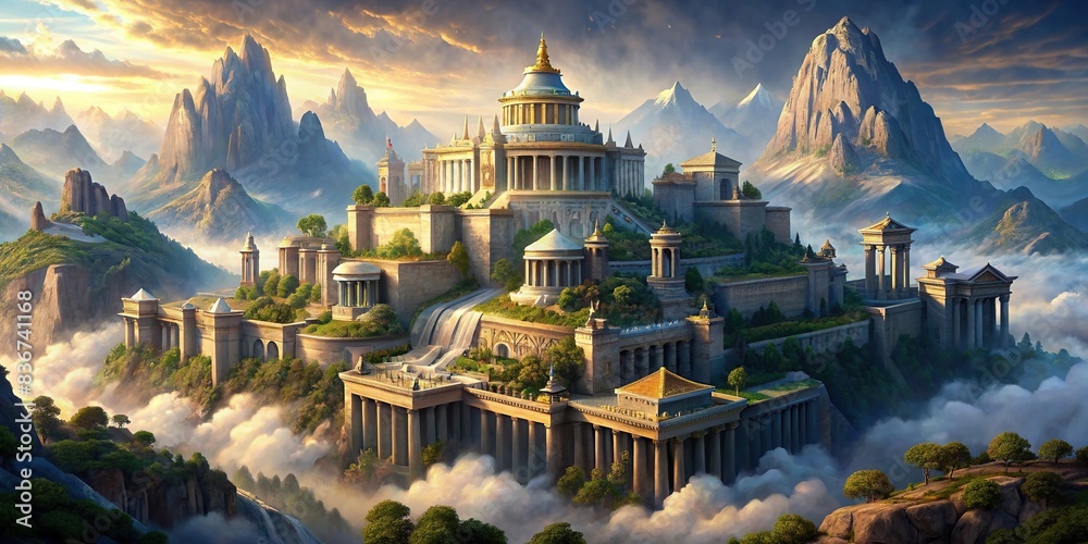 of majestic Mount Olympus with grand temples and mythical creatures ...