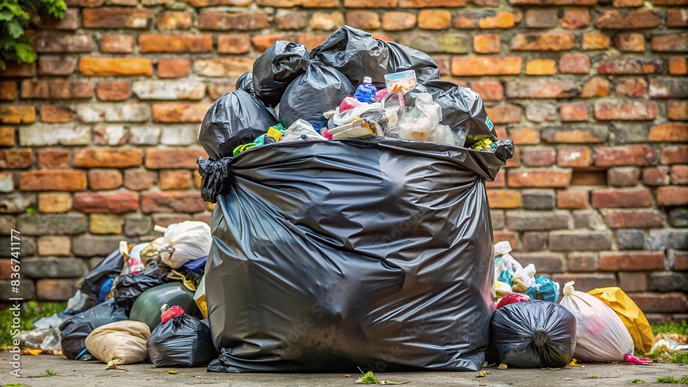 Black trash bag overflowing with garbage, waste, disposable, rubbish ...