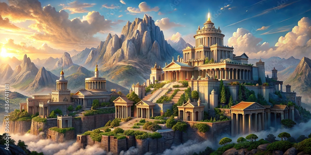 of majestic Mount Olympus with grand temples and mythical creatures ...