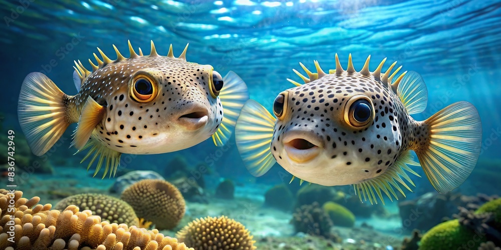 Two pufferfish swimming gracefully in an underwater scene , pufferfish ...