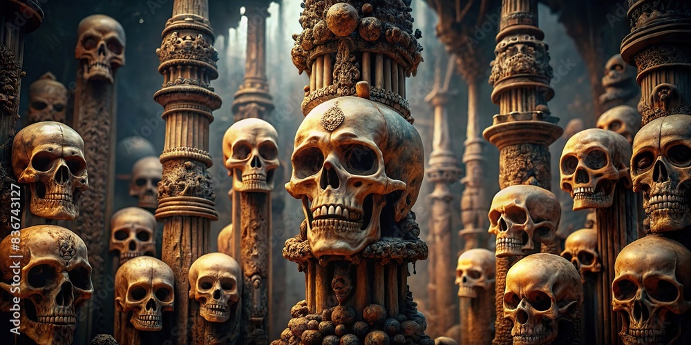 ภาพประกอบสต็อก Totem skulls and human bones columns creating a haunting ...