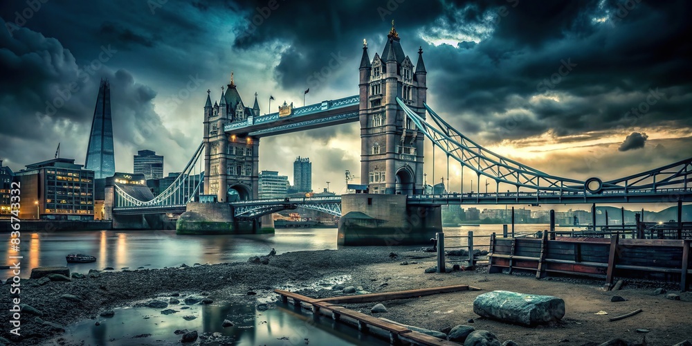Desolate and creepy post-apocalyptic landscape of London Bridge at ...