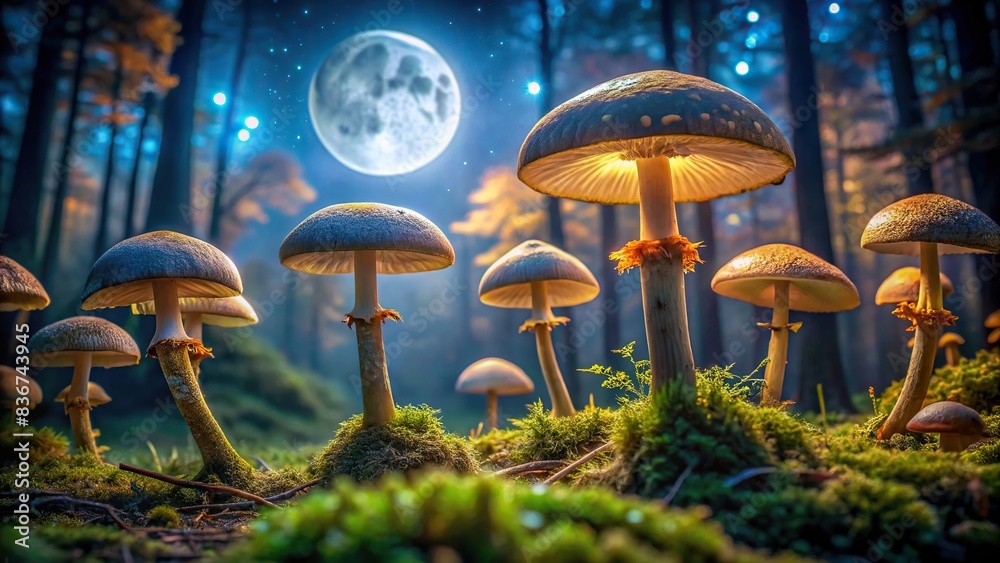 Mysterious mushrooms growing in a forest under a full moon , eerie ...