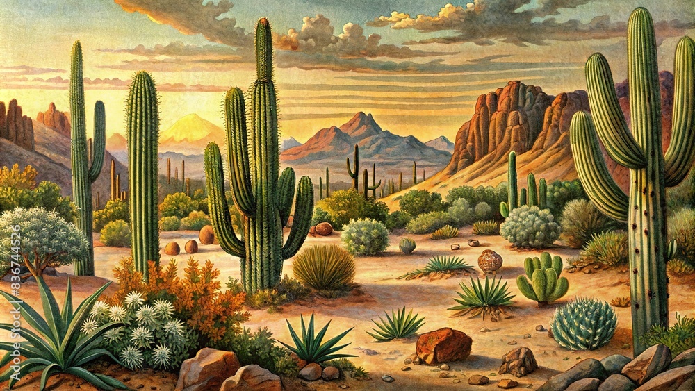 Ilustrace „Vintage drawing of a desert landscape with cactus featuring ...