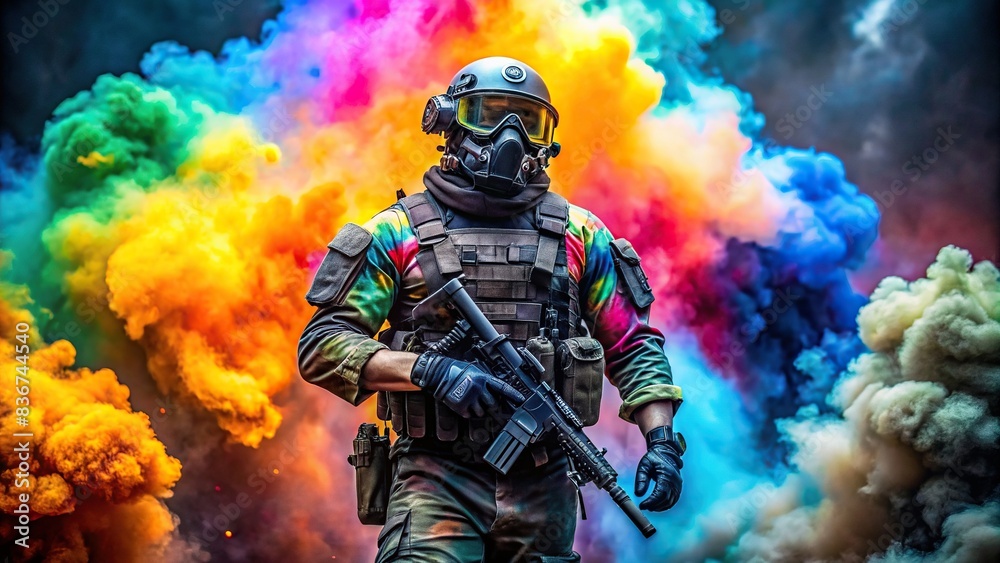 Tactical suit with colorful paint and smoke bombs for war game ...