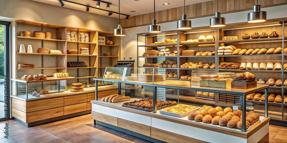 Foto de Bakery store interior with shelves of freshly baked goods and ...