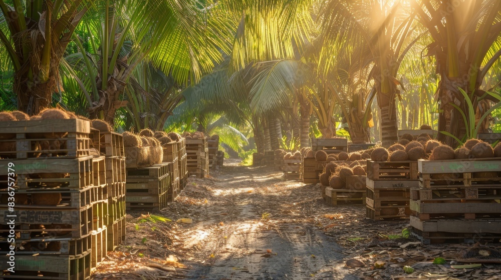 Palm-lined path leading to a shipment area with stacks of crates filled ...