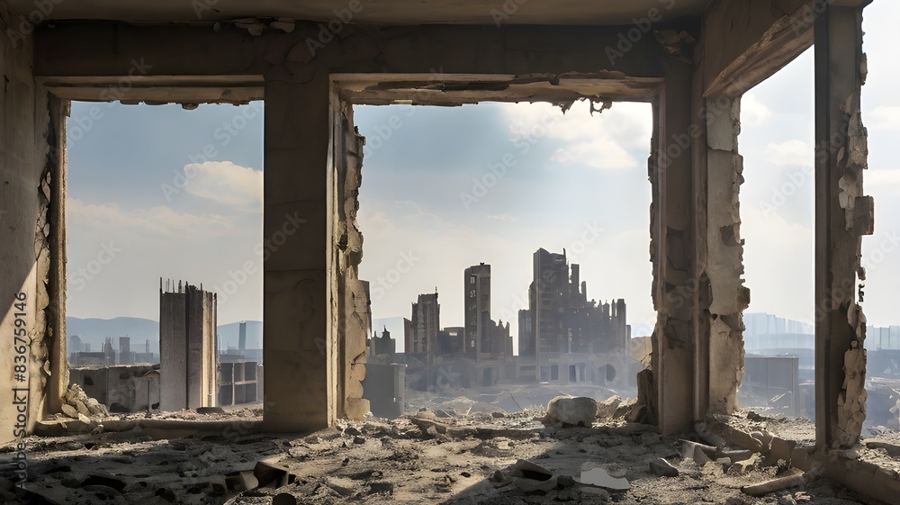 Bullet-riddled walls of a destroyed building with a distant view of a ...