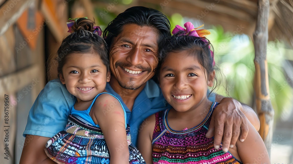 Mexican family. Mexico. Father smiling with his two young daughters in ...