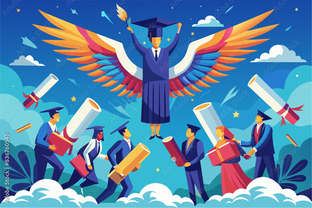 a poster with a bird flying over a graduation cap, a graduation poster ...